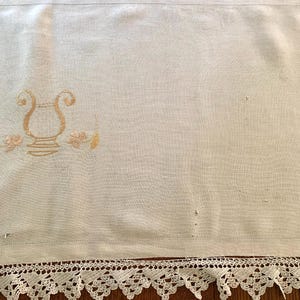 66" Antique Table Runner, Linen, Lyre Harp, Worn Beauty Needs ...