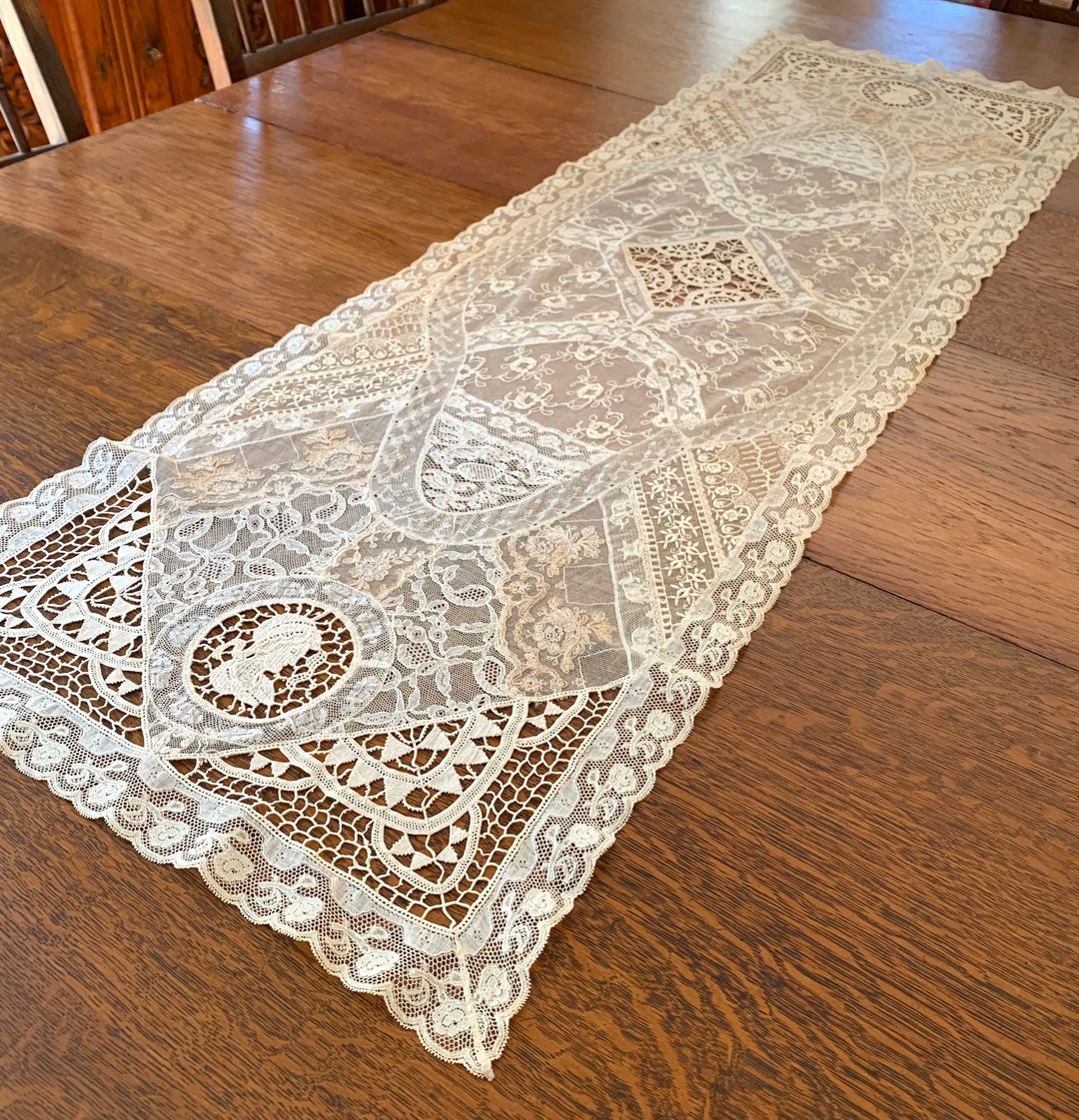 Antique French Normandy Lace Table Runner, Mixed Lace, 51" X 16", A Few ...