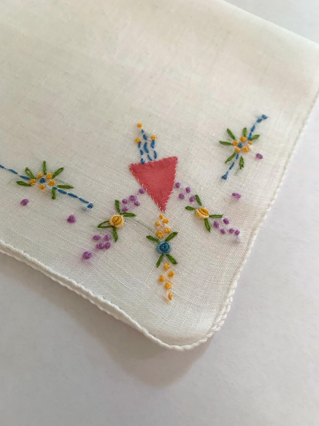 Vintage Hanky With Hand Appliqued and Embroidered Design, Excellent ...