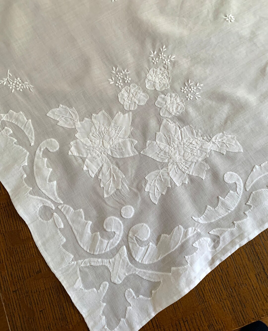 102" X 64" Vintage Sheer Madeira Tablecloth, Applique and Embroidery ...