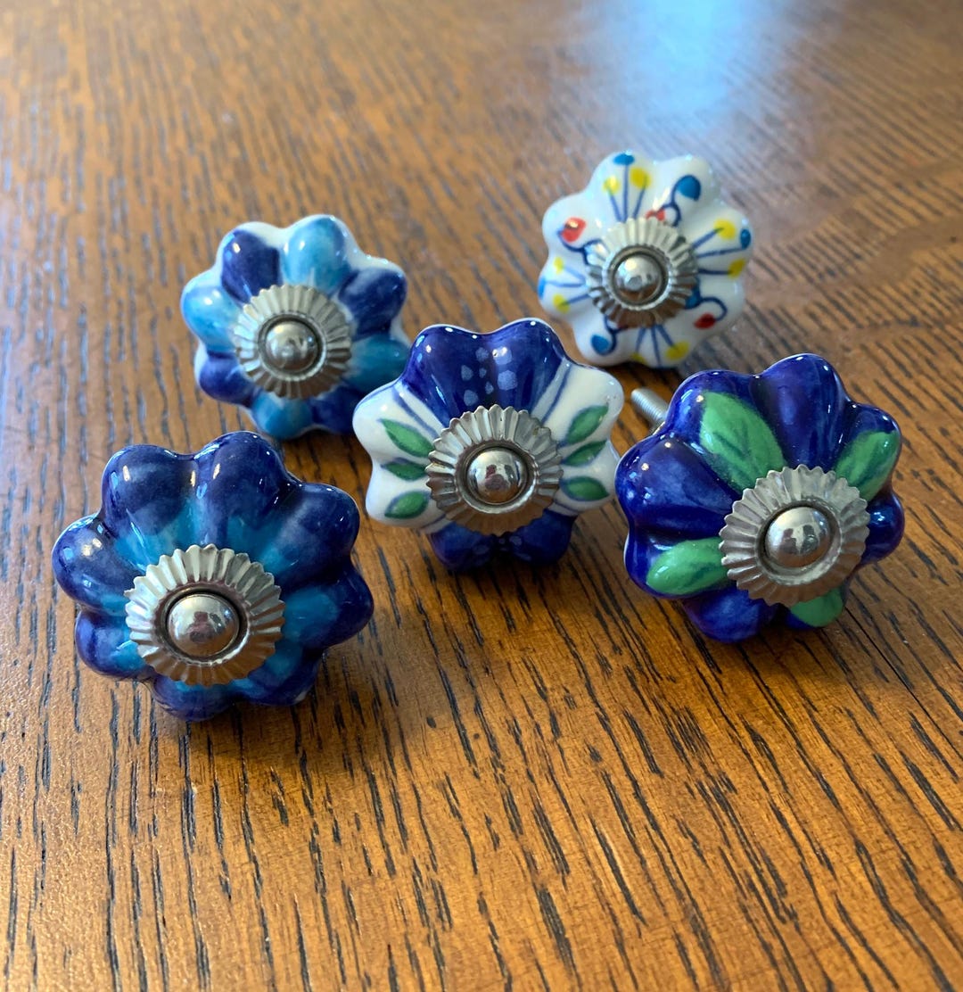 5 Vintage Ceramic Flower Knobs: Hand-painted Blue Green Drawer Pulls - Etsy