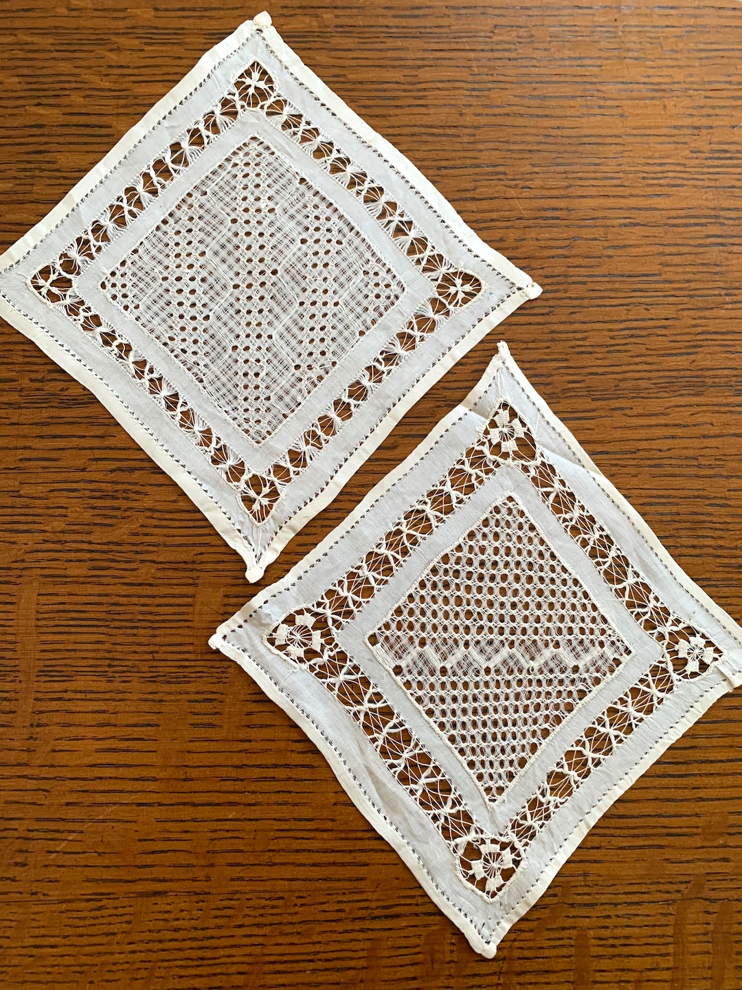 2 Vintage Silk Doilies With Drawn and Pulled Thread Lace Embroidery ...