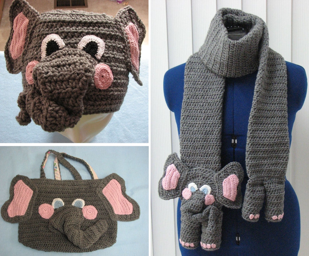 Elephant Hat, Scarf and Tote Bag Crochet Pattern Digital Download - Etsy