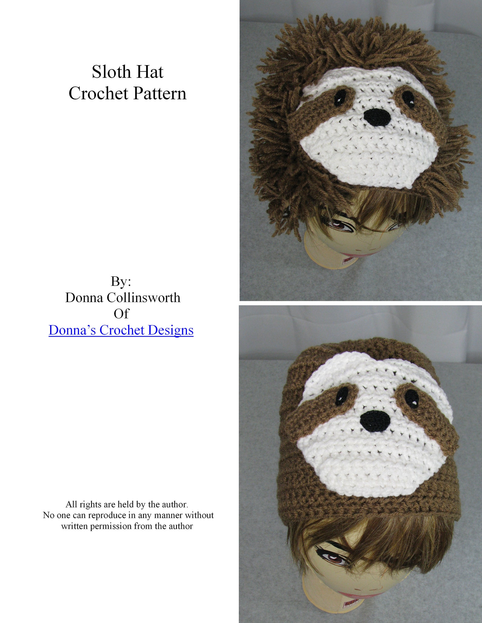 Sloth Hat, Scarf and Tote Bag Crochet Pattern With or Without Fur ...