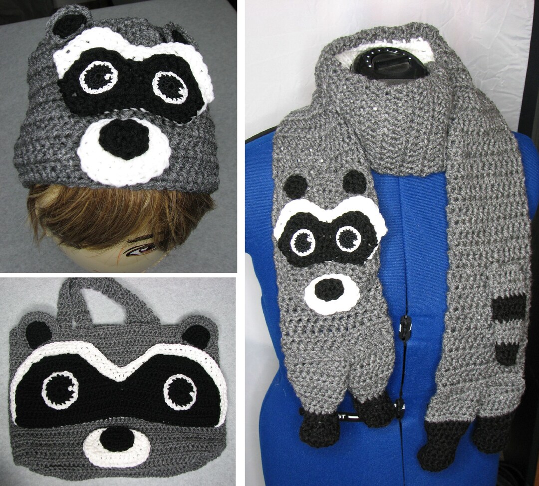 Raccoon Scarf Hat and Tote Bag Crochet Pattern Set - Etsy