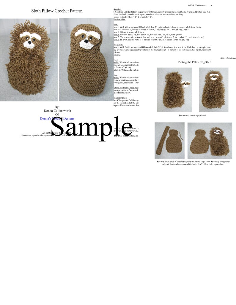 Sloth Pillow Crochet Pattern With or Without Fur Tutorials | Etsy