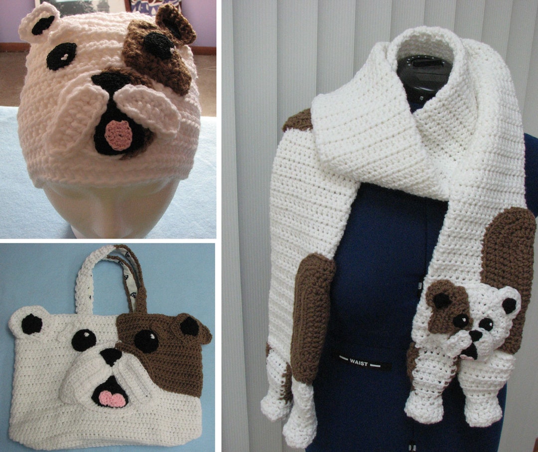 Bull Dog Hat, Scarf and Tote Crochet Pattern Set Digital Download - Etsy