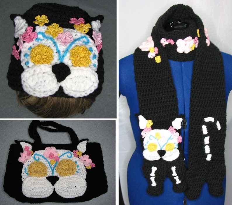 Cat - Hat, Scarf and Tote Bag Crochet Pattern - Day of the Dead Theme ...