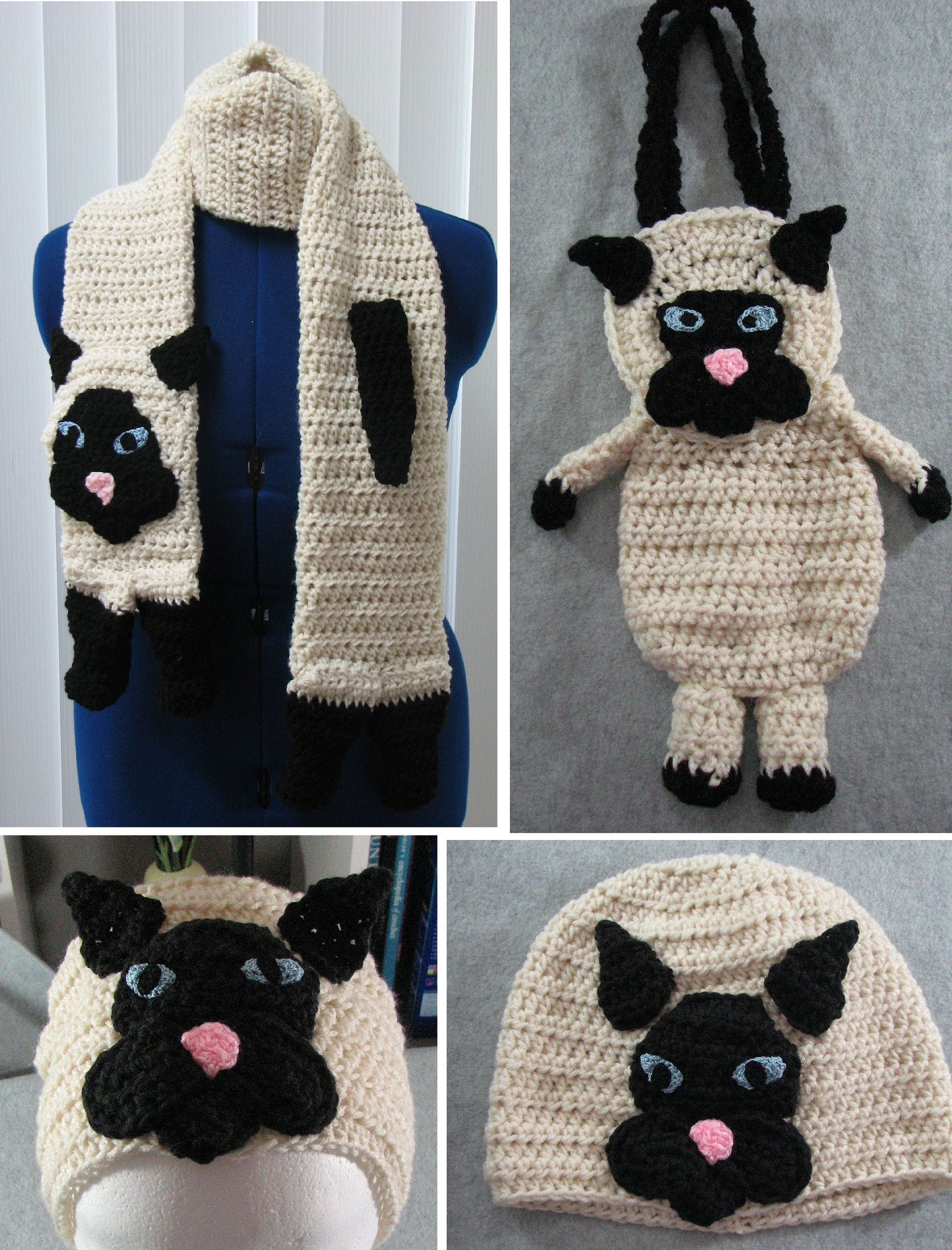 Siamese Cat Hat, Scarf and Purse Crochet Pattern Set With Tutorials ...