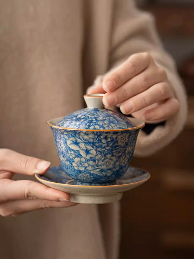 Porcelain Gaiwan With Blue Flower Drawing, 140ml, Sancai Bowl - Etsy