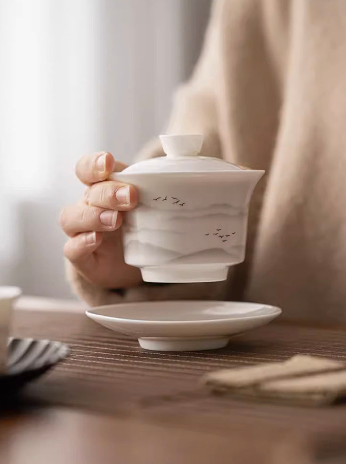 Porcelain Gaiwan With Black & White Mountain Drawing, 170ml, Sancai ...