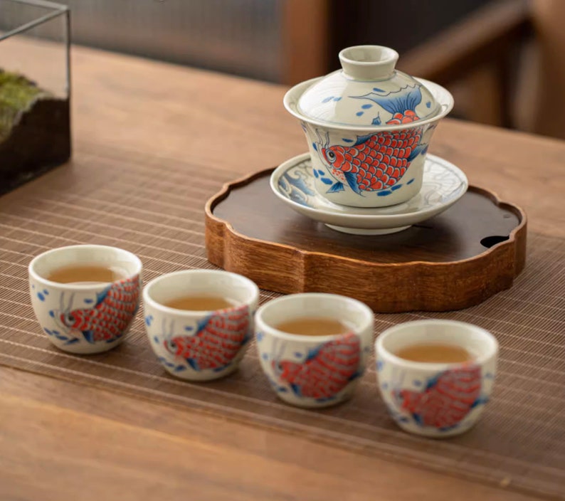 Tea Set (130ml Porcelain Gaiwan X 1pc + 60ml Cups X 4pc) With Fish ...