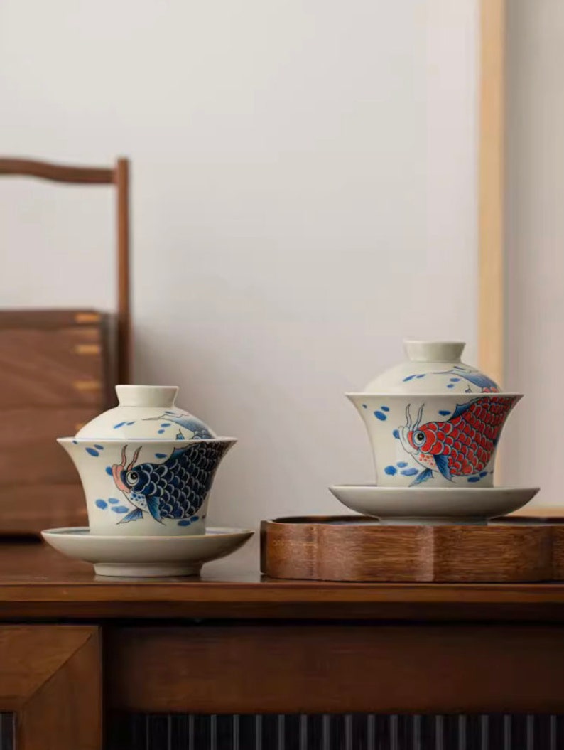 Tea Set (130ml Porcelain Gaiwan X 1pc + 60ml Cups X 4pc) With Fish ...