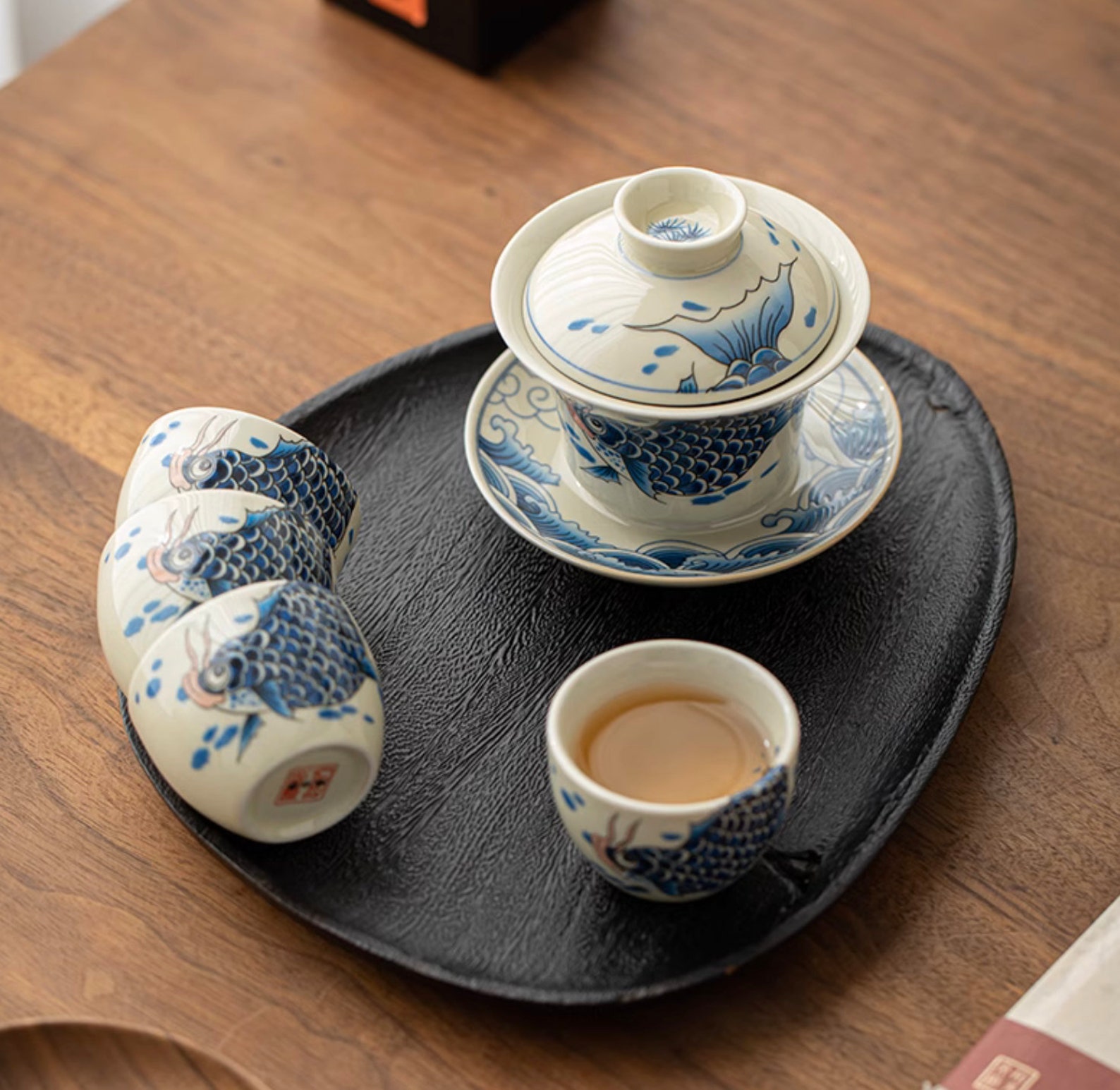 Tea Set (130ml Porcelain Gaiwan X 1pc + 60ml Cups X 4pc) With Fish ...