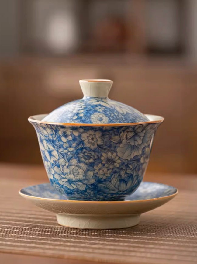 Porcelain Gaiwan With Blue Flower Drawing, 140ml, Sancai Bowl - Etsy
