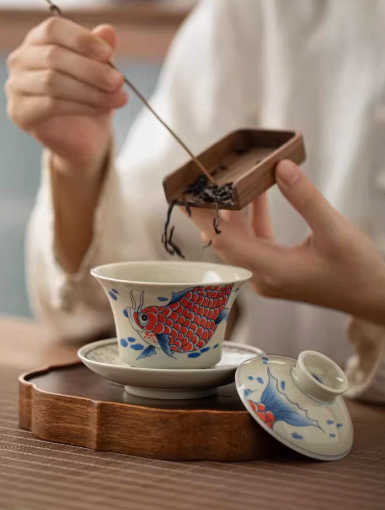 Tea Set (130ml Porcelain Gaiwan X 1pc + 60ml Cups X 4pc) With Fish ...