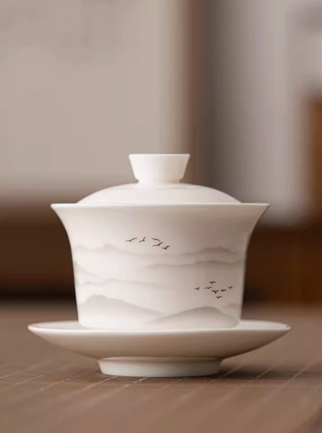 Porcelain Gaiwan With Black & White Mountain Drawing, 170ml, Sancai ...