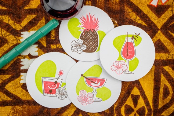 Tropical Hibiscus Tiki Coaster Set set of 8 2 of Each Design Etsy