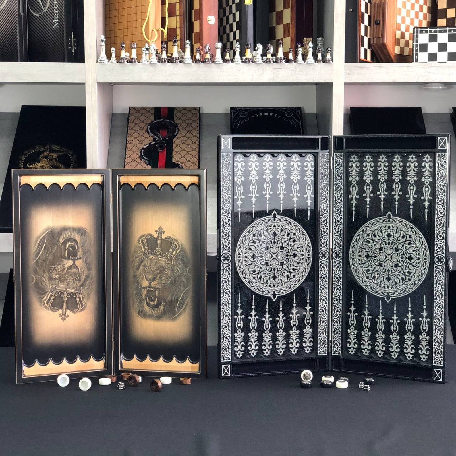 Acrylic Stone & Wood Backgammon Set LION Design, Stone Chips With Metal Inlay, Large Backgammon ...