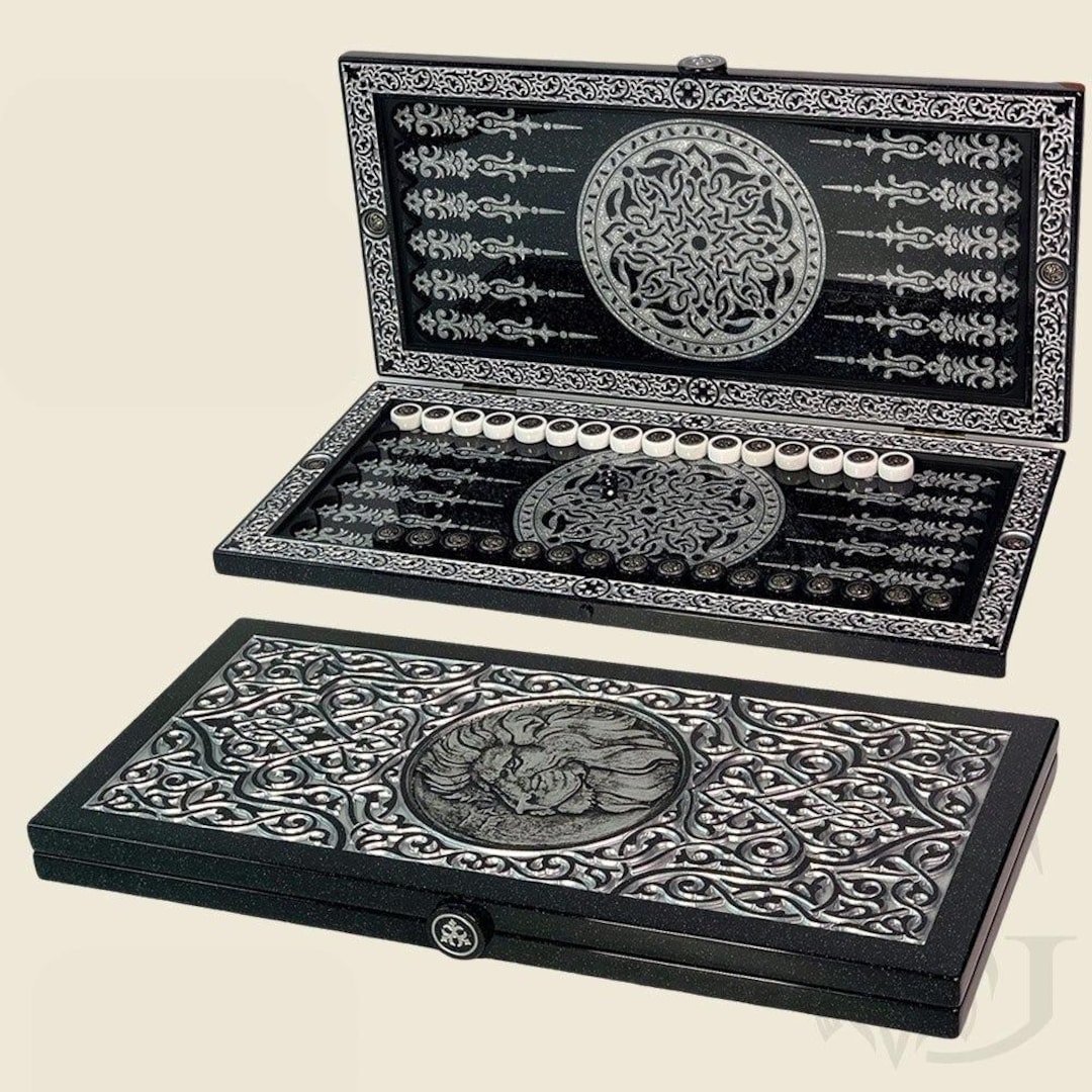 Black Acrylic Stone Backgammon Set LION Design, Stone Chips With Metal ...