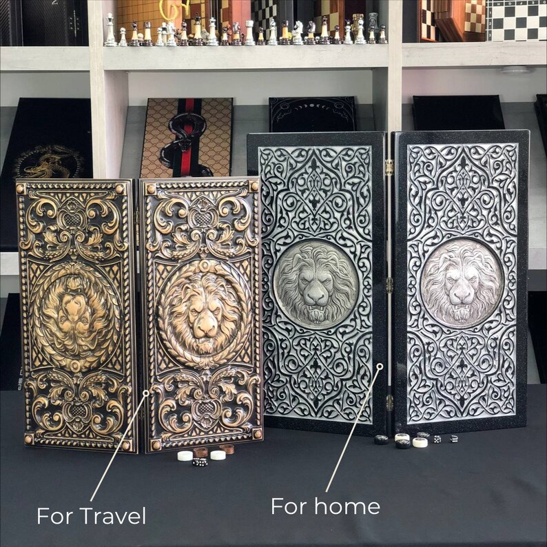 Acrylic Stone & Wood Backgammon Set LION Design, Stone Chips With Metal ...