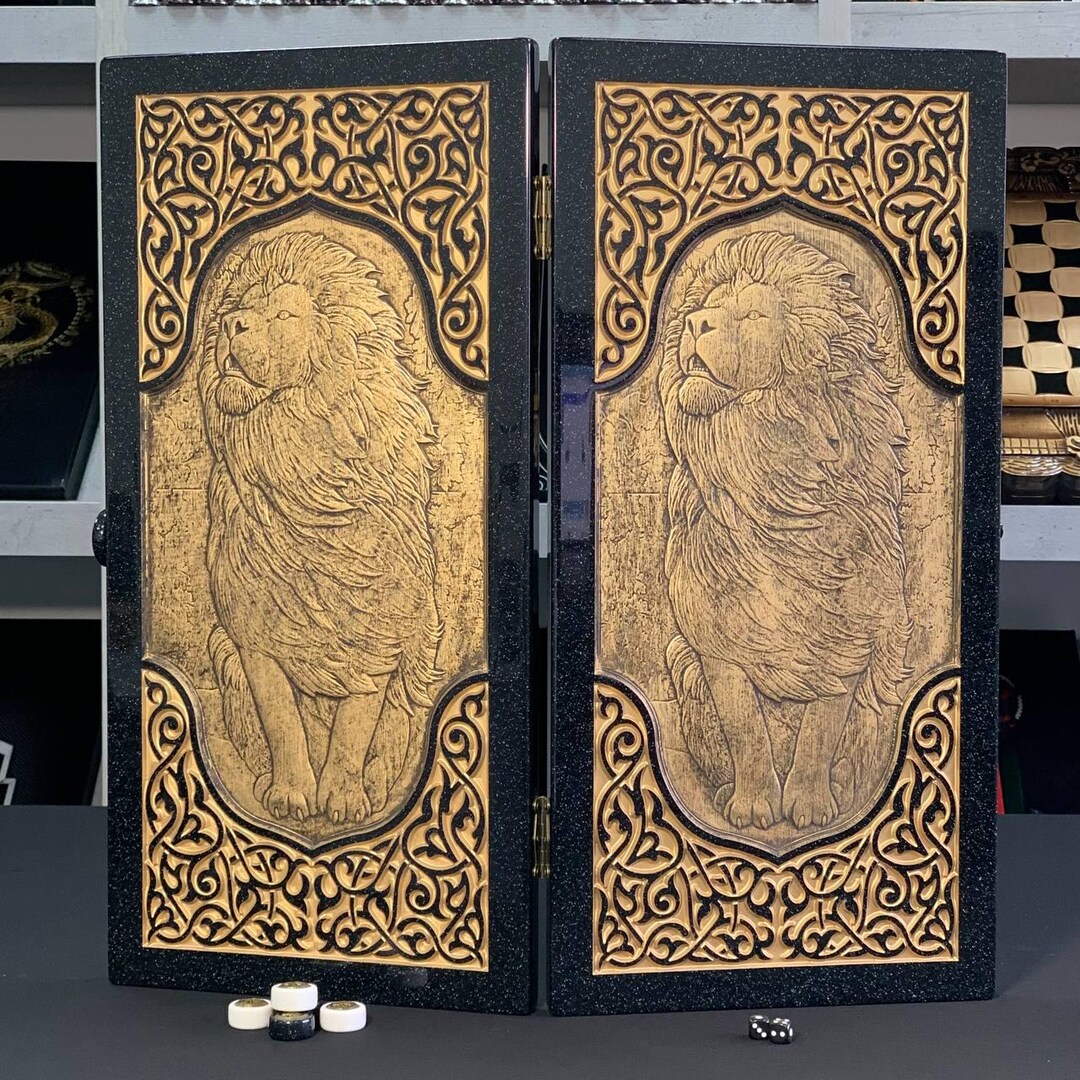 Black Stone Backgammon Set LION Design, Stone Chips With Metal Inlay ...