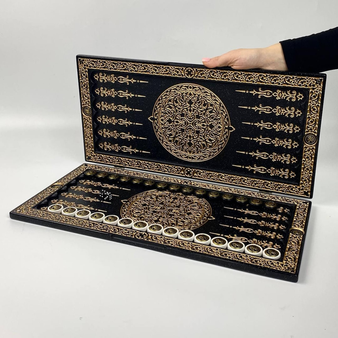 Black&gold Acrylic Stone Backgammon Set LION Design, Stone Chips With ...