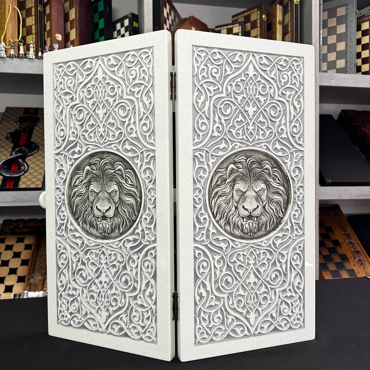 White Acrylic Stone Backgammon Set LION Design, Large Game Board ...