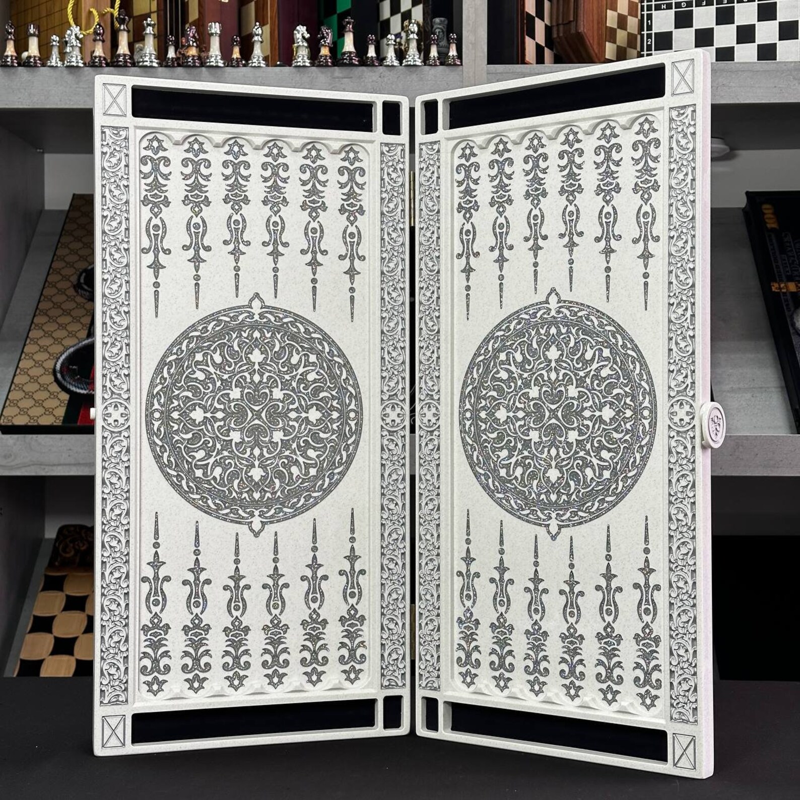 White Acrylic Stone Backgammon Set LION Design, Large Game Board ...