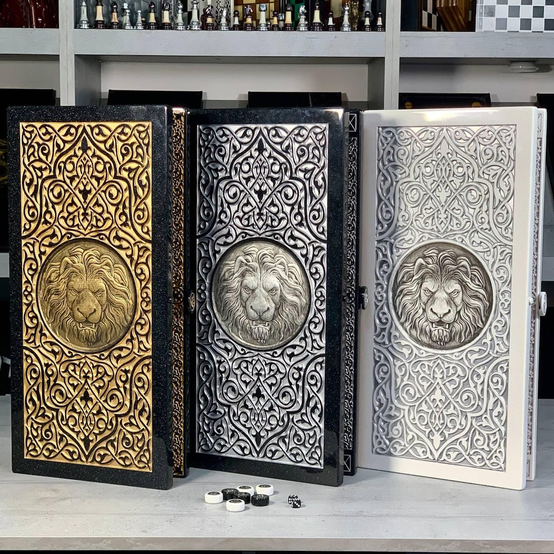 Stone Backgammon Set LION Design, Acrylic Stone Chips With Metal Inlay, No Analogues in the ...