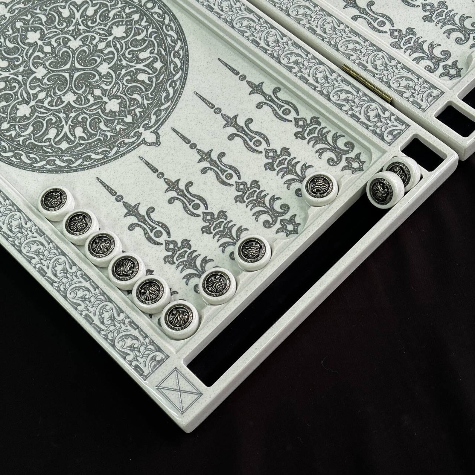 White Acrylic Stone Backgammon Set LION Design, Large Game Board ...