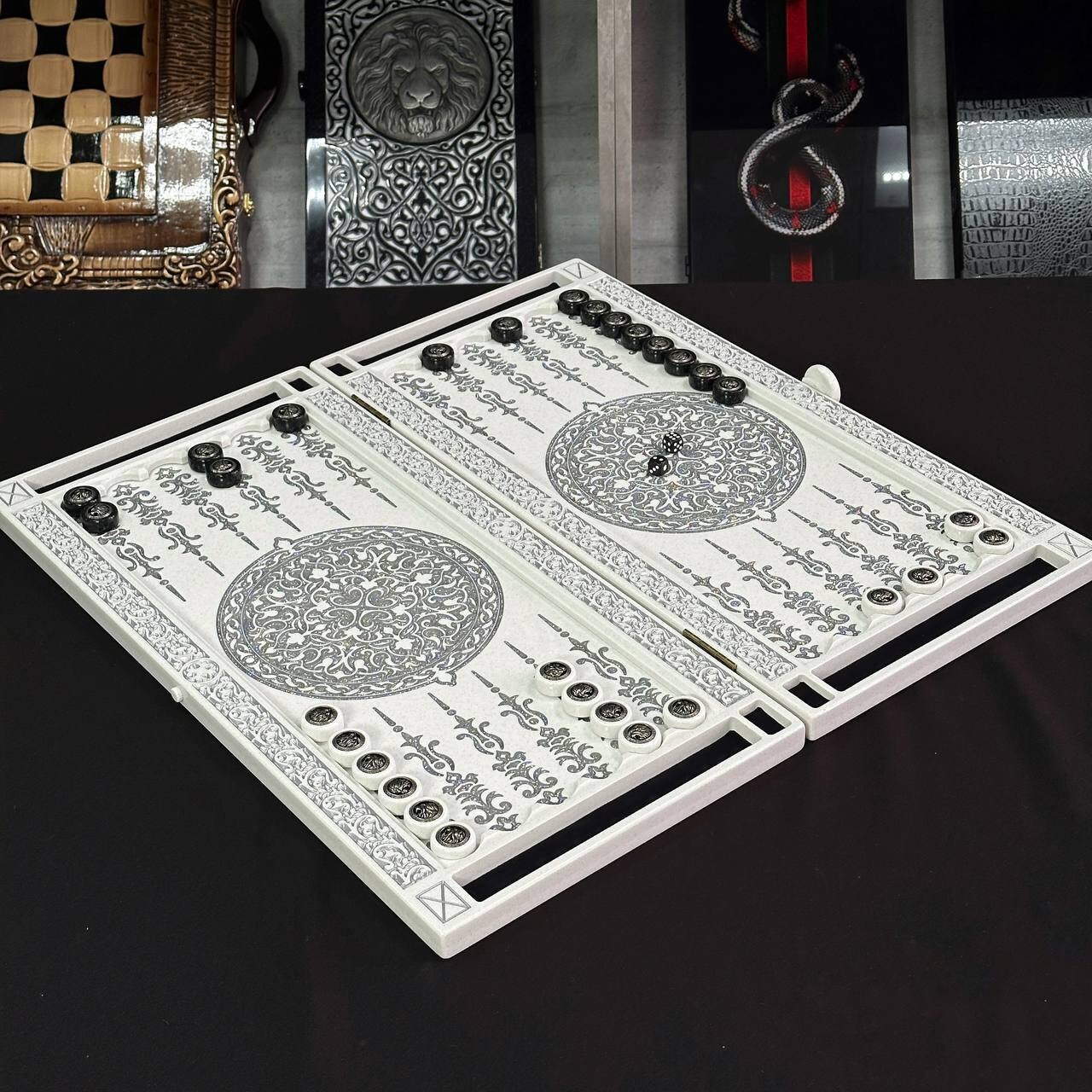 White Acrylic Stone Backgammon Set LION Design, Large Game Board ...
