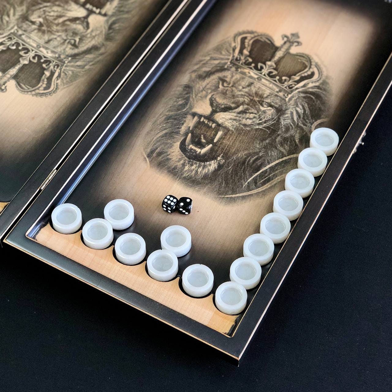 Acrylic Stone & Wood Backgammon Set LION Design, Stone Chips With Metal ...