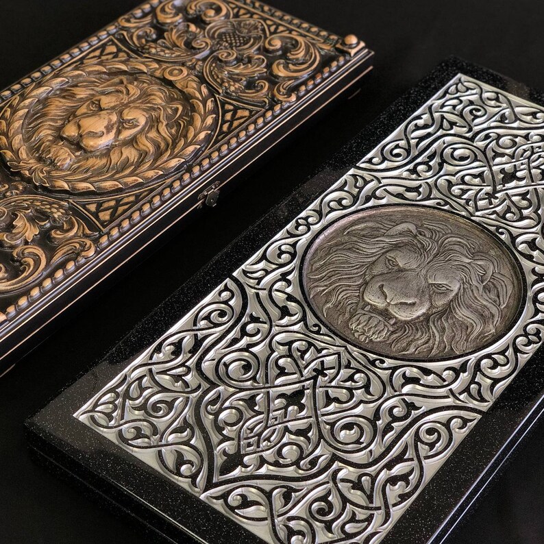 Acrylic Stone & Wood Backgammon Set LION Design, Stone Chips With Metal ...