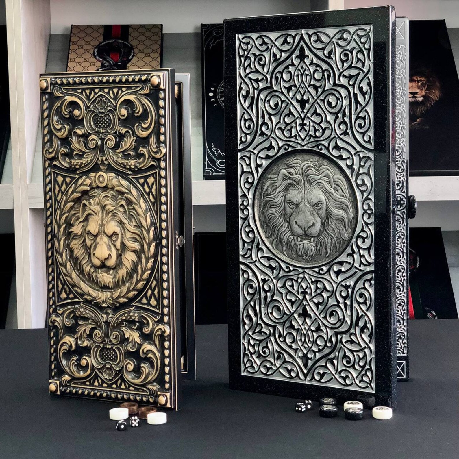 Acrylic Stone & Wood Backgammon Set LION Design, Stone Chips With Metal Inlay, Large Backgammon ...