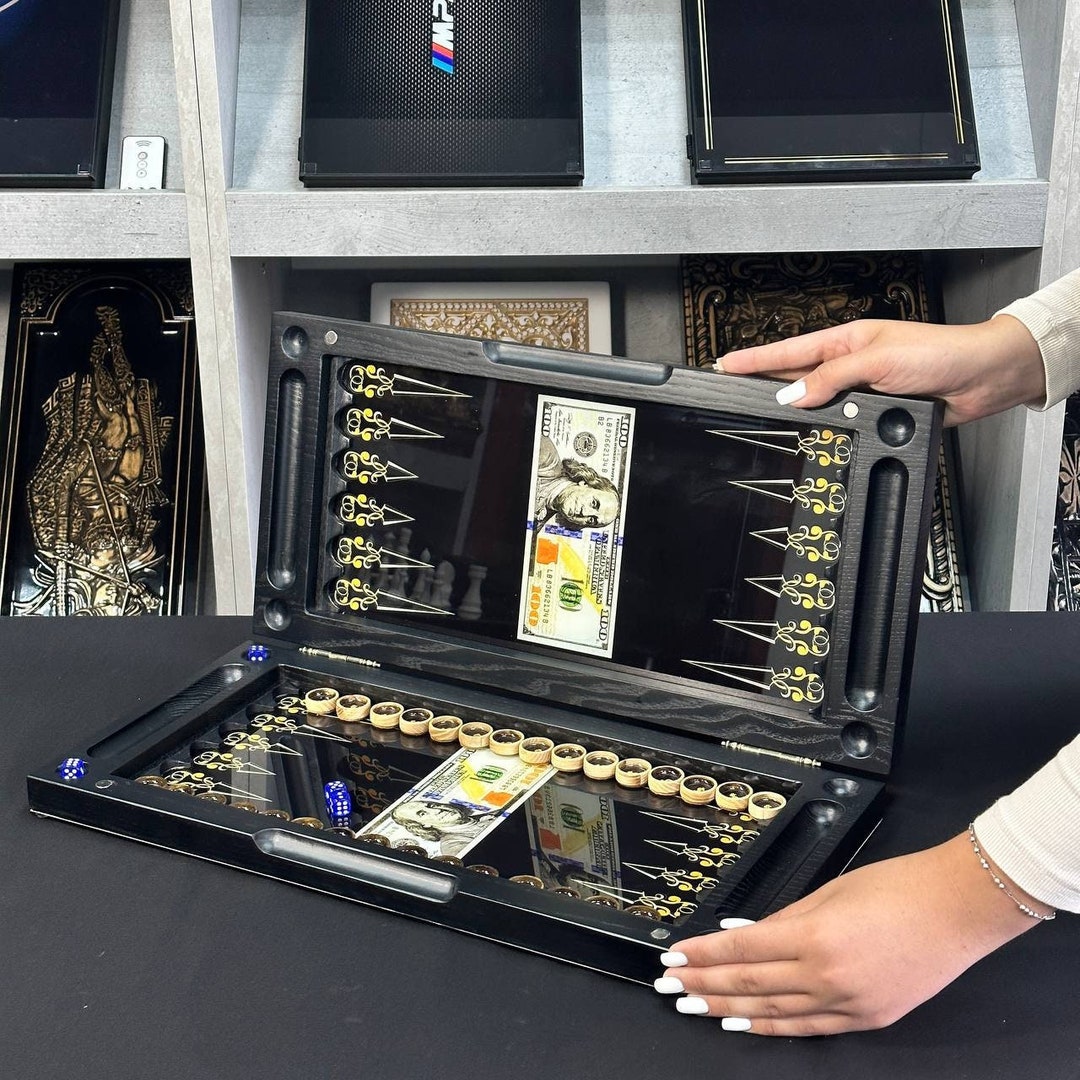 Tempered Glass & Wood Backgammon Set, Game Board Financial Theme ...