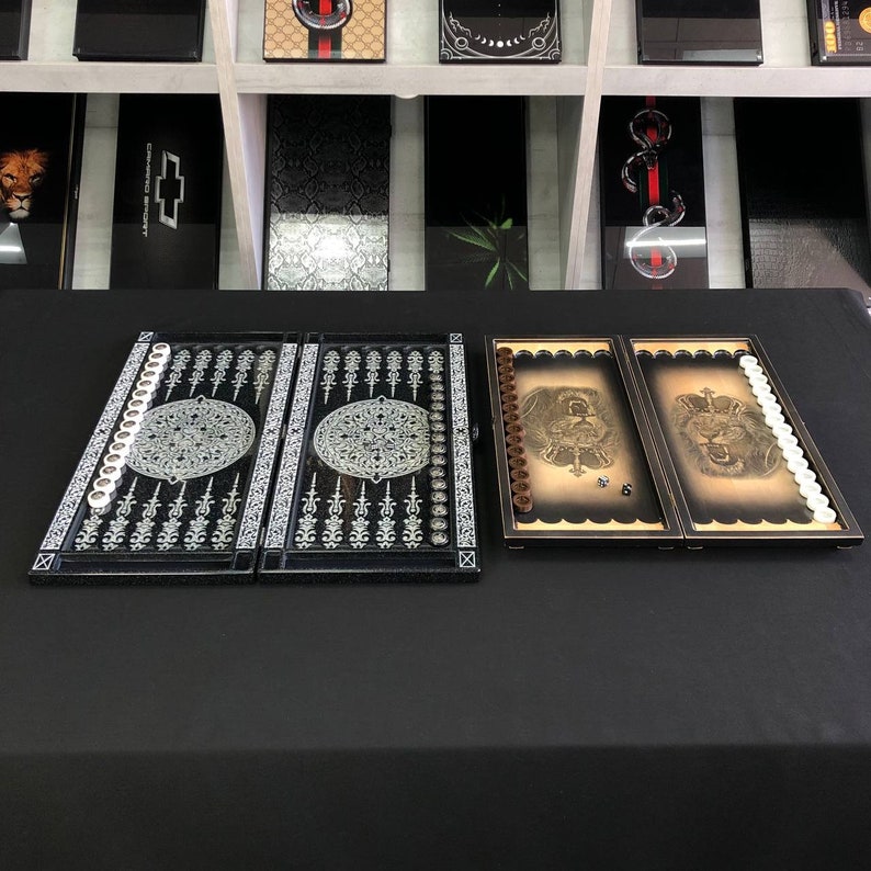 Acrylic Stone & Wood Backgammon Set LION Design, Stone Chips With Metal ...