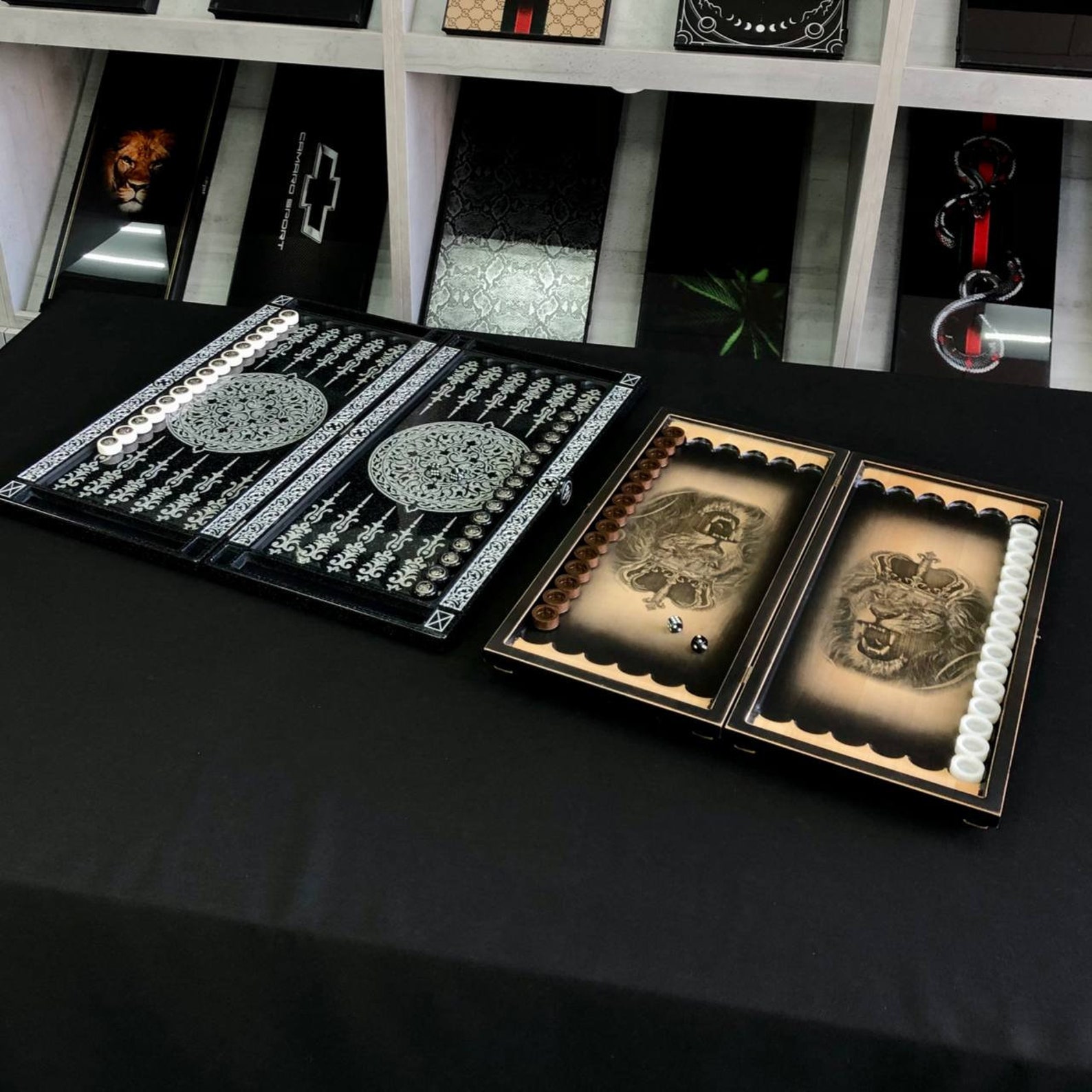 Acrylic Stone & Wood Backgammon Set LION Design, Stone Chips With Metal ...