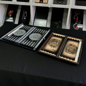 Acrylic Stone & Wood Backgammon Set LION Design, Stone Chips With Metal Inlay, Large Backgammon ...