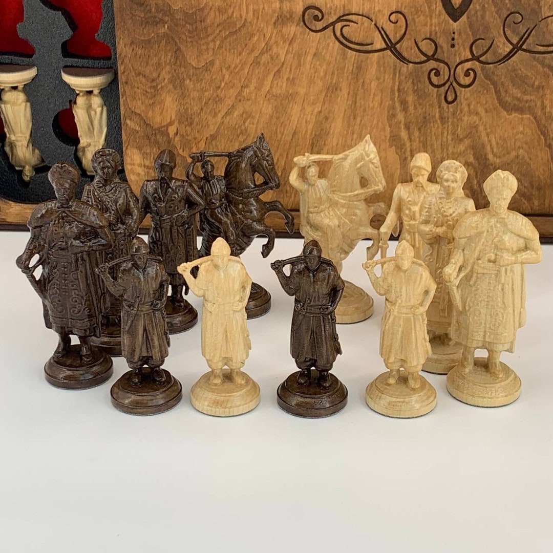 Stylized Wooden Chess Pieces With Box for Storage, Medieval Army, Wood ...
