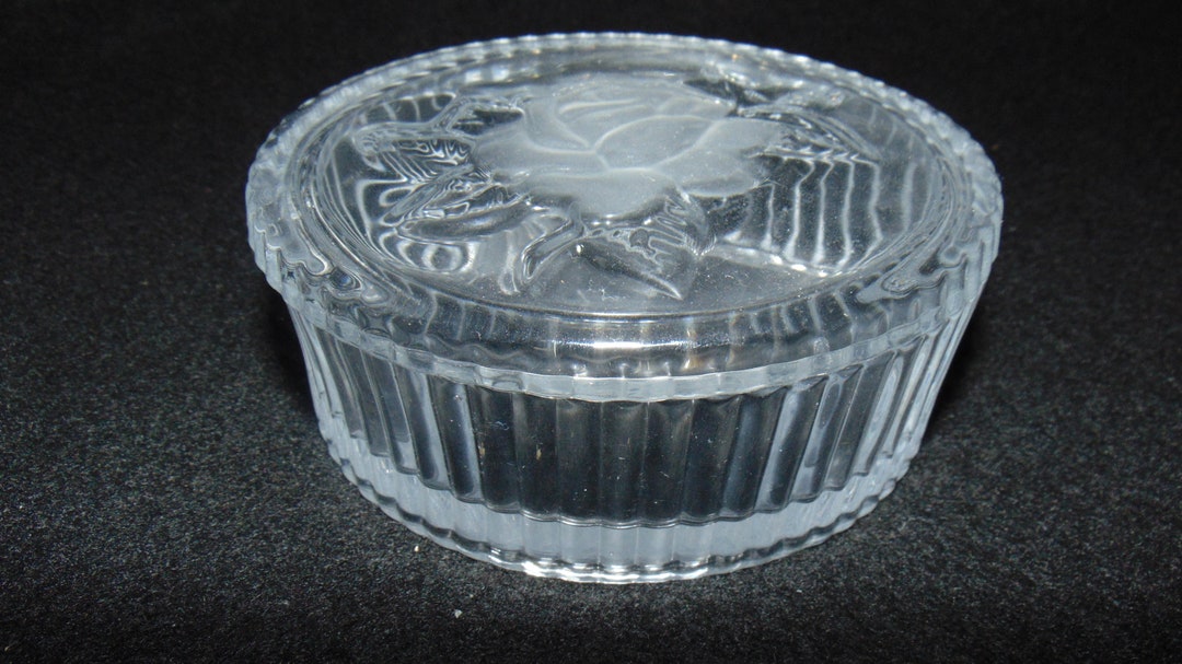 Vintage Clear Glass Trinket Dish With Embossed Rose on the Lid - Etsy
