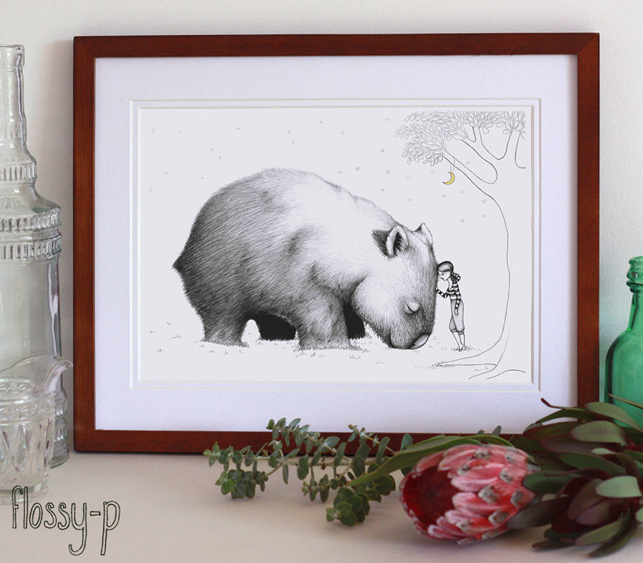 Giant Wombat and Girl large A3 full colour or B&W art print. | Etsy