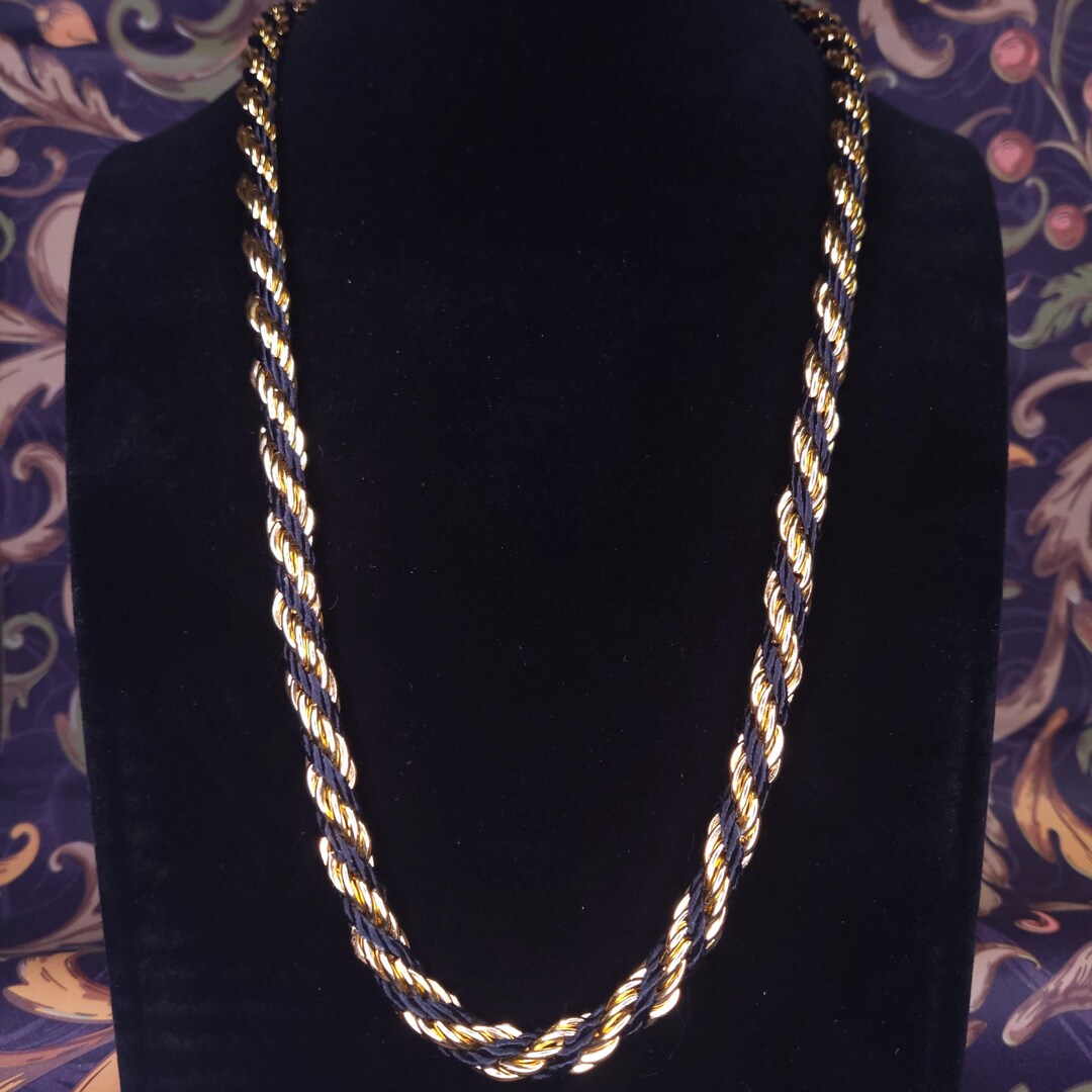 Classy Vintage 29" Gold Tone Metal & Twisted Black Cord Rope Chain ...