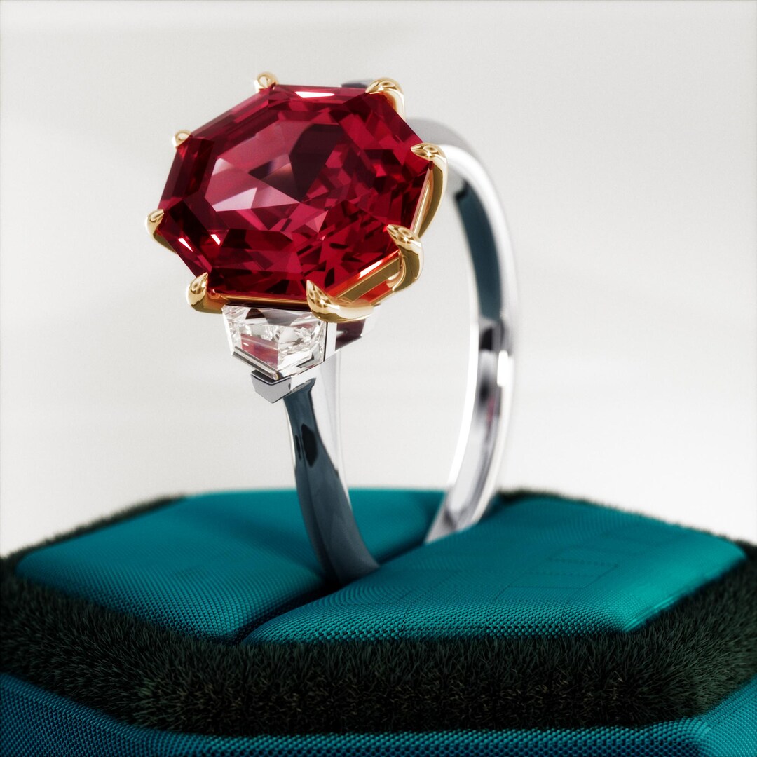 4.5 Carat Octagon Lab Grown Ruby Ring: Three Stone Cadillac Diamond ...