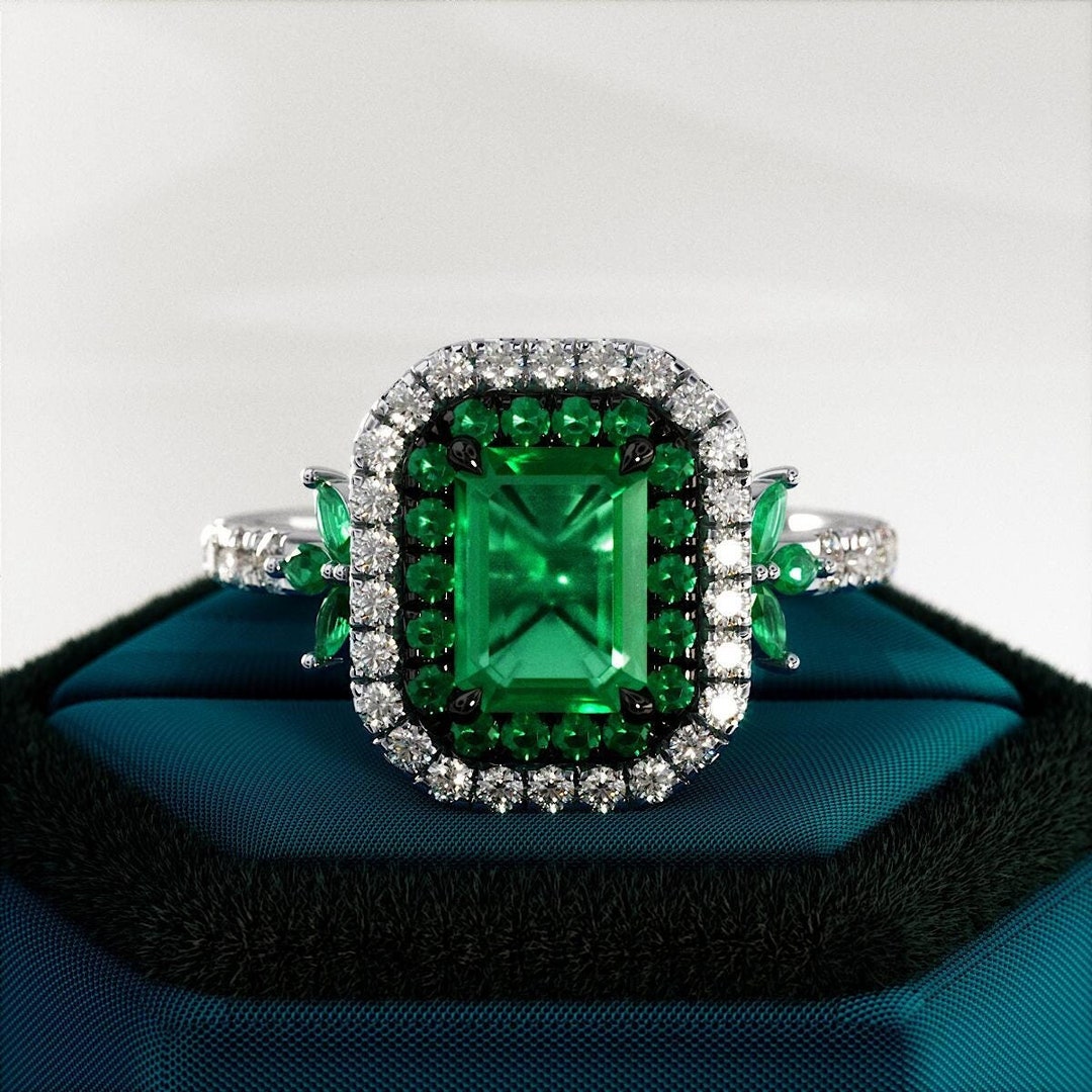1.5 Carat Lab Grown Emerald Cut Engagement Ring: Double Halo, Fishtail ...