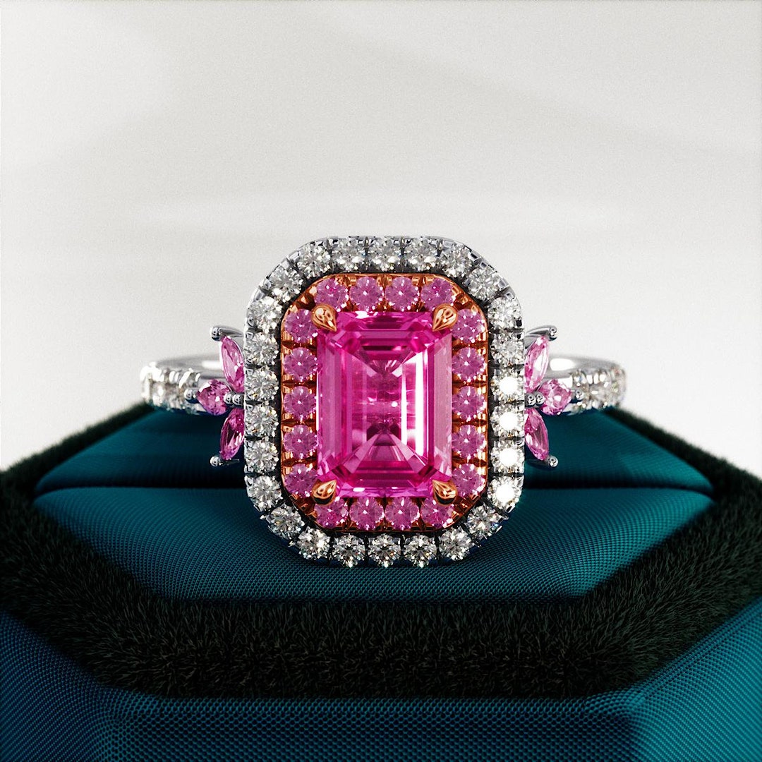 1.5 Carat Emerald Cut Engagement Ring / Lab Grown Pink Sapphire / Lab ...