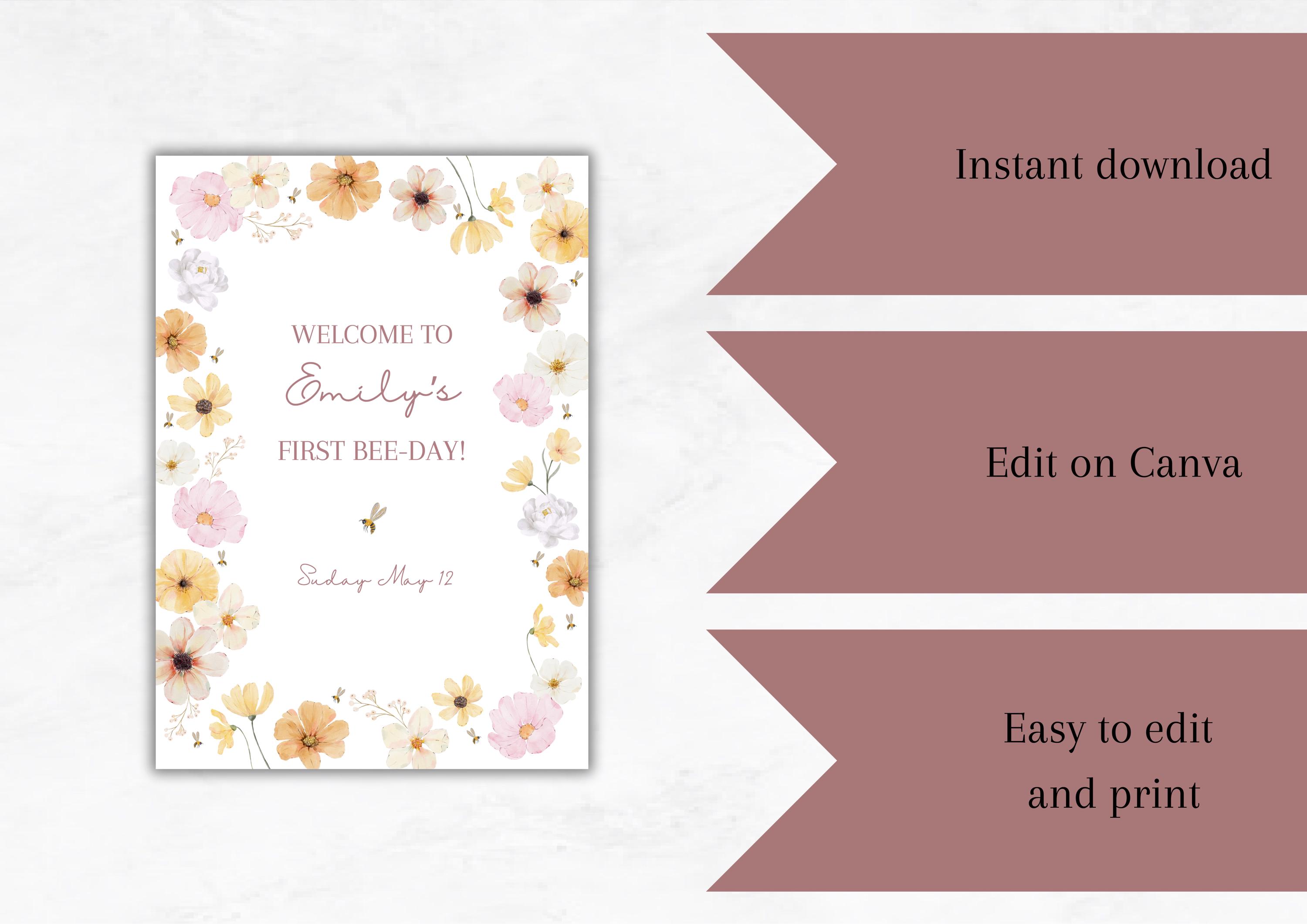 First Bee-day Welcome Sign Printable, First Bee-day Editable Template ...