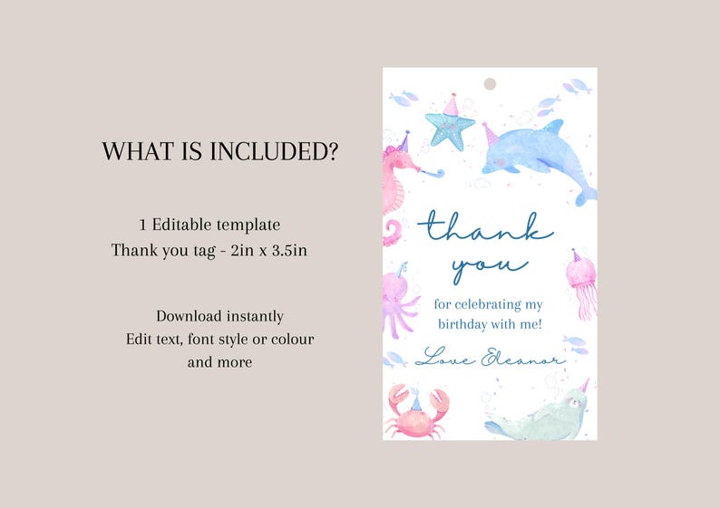 Under the Sea Birthday Thank You Tag Printable, Under the Sea Editable ...