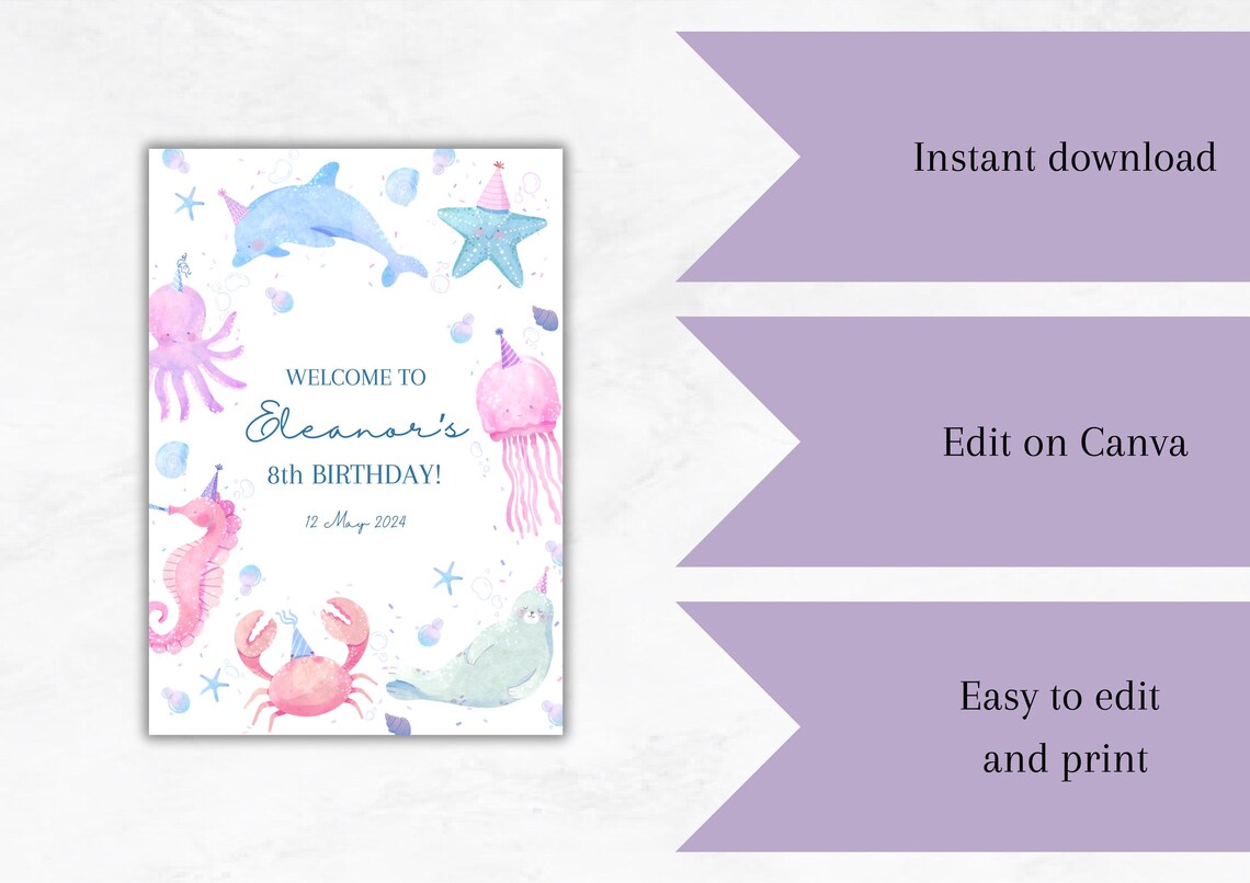 Under the Sea Birthday Welcome Sign Printable, Under the Sea Editable ...