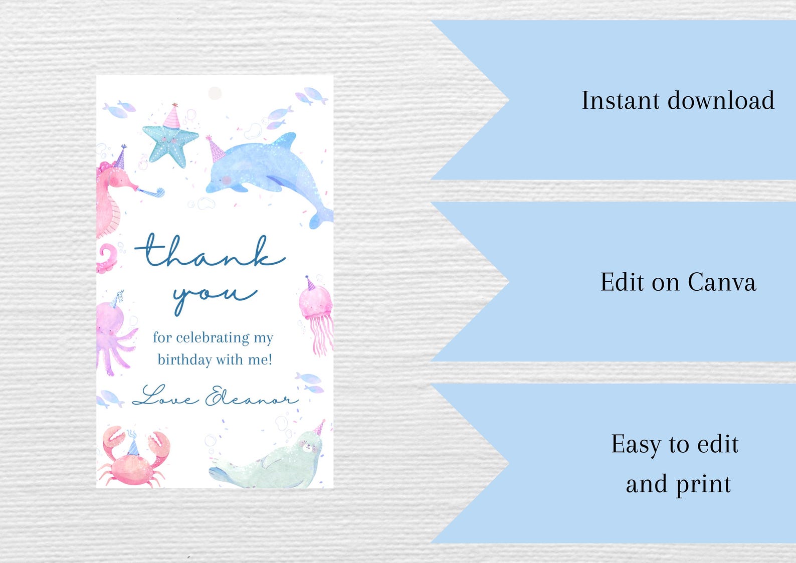 Under the Sea Birthday Thank You Tag Printable, Under the Sea Editable ...